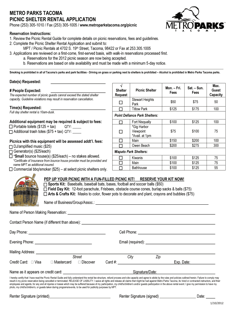 Fillable Online archive metroparkstacoma METRO PARKS TACOMA PICNIC SHELTER RENTAL Fax Email ...