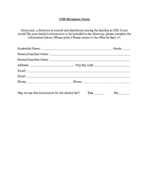 Fillable Online CNS Directory Form - Carbondale New School Fax Email ...