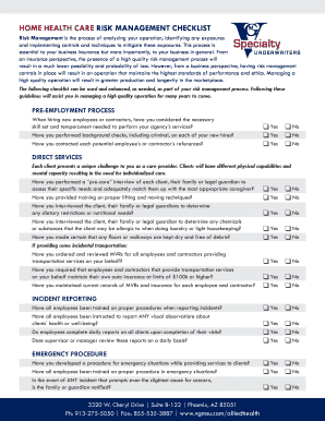 Fillable Online HOME HEALTH CARE RISK MANAGEMENT CHECKLIST Fax Email ...