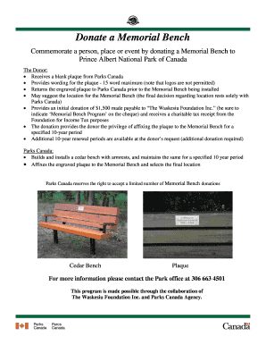 Fillable Online waskesiu Donate a Memorial Bench - Waskesiu Saskatchewan Fax Email Print - pdfFiller