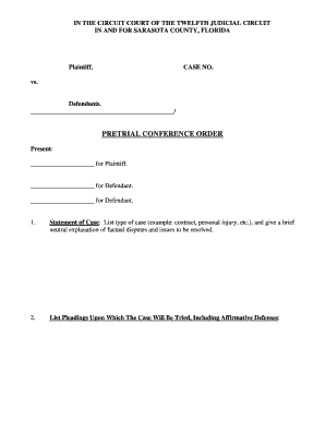 Fillable Online 12circuit state fl PRETRIAL CONFERENCE ORDER ...