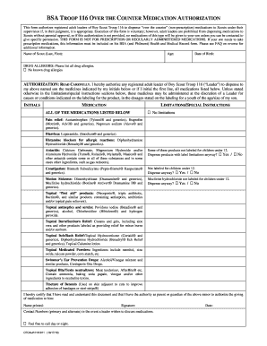 Fillable Online BSA TROOP 116 OVER THE COUNTER MEDICATION AUTHORIZATION ...
