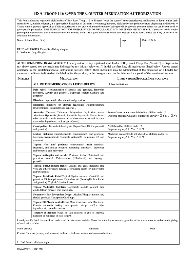 Fillable Online BSA TROOP 116 OVER THE COUNTER MEDICATION AUTHORIZATION ...
