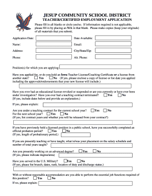 Fillable Online jesup k12 ia Teacher Application Form new Fax Email Print - pdfFiller