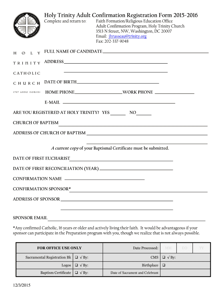 Fillable Online Holy Trinity Adult Confirmation Registration Form Fax Email Print - pdfFiller