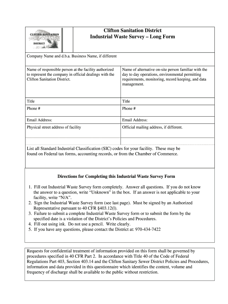 Fillable Online Clifton Sanitation District Industrial Waste Survey ...