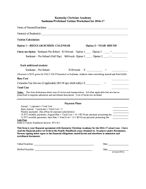 Fillable Online kentuckychristianacademy Sonbeam Preschool Tuition ...