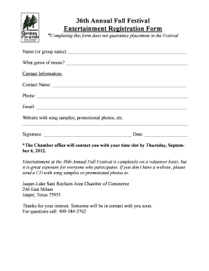 Fillable Online 36th Annual Fall Festival Entertainment Registration ...