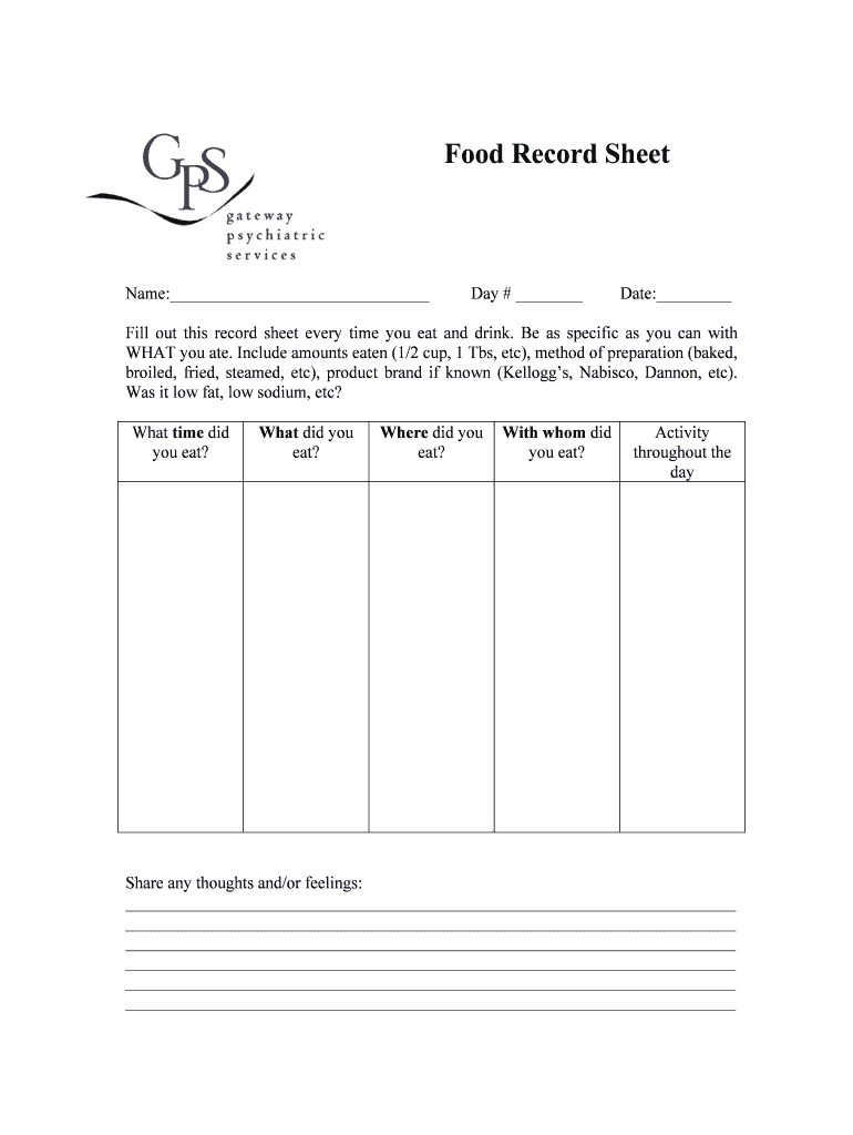 Fillable Online Food Record Sheet - Gateway Psychiatric Fax Email Print ...