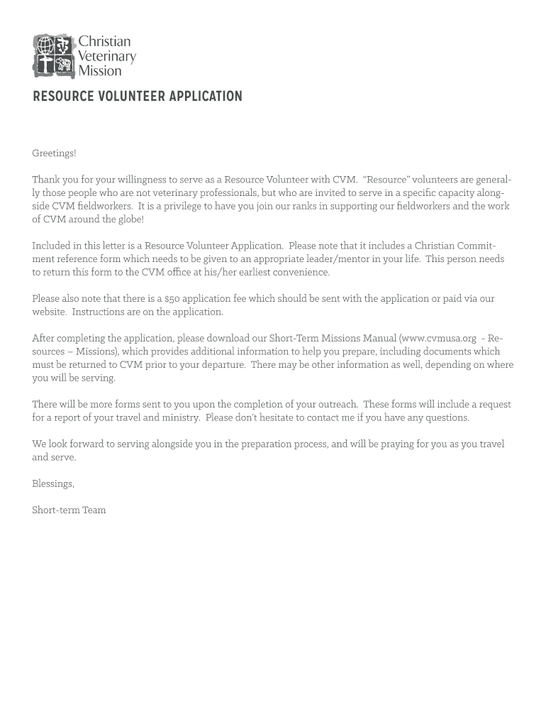 Fillable Online cvmusa RESOURCE VOLUNTEER APPLICATION - CVM USA ...