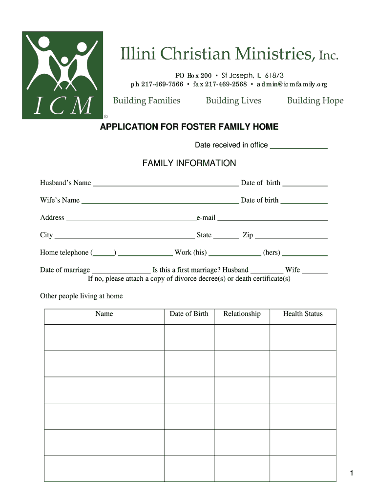 Fillable Online icmfamily ICM Foster Parent Application - Illini ...