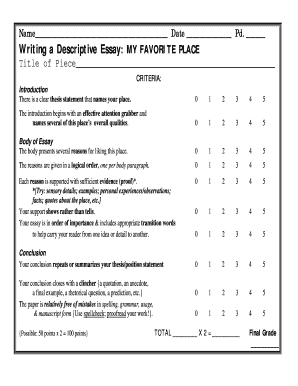 Fillable Online Writing a Descriptive Essay: MY FAVORITE PLACE CRITERIA ...