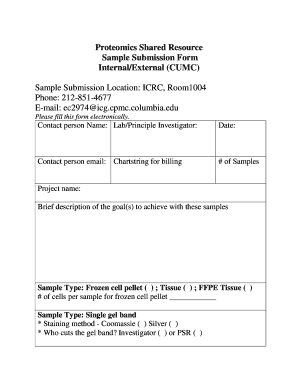 Fillable Online hiccc columbia Proteomics Shared Resource Sample Submission bFormb Internal bb ...