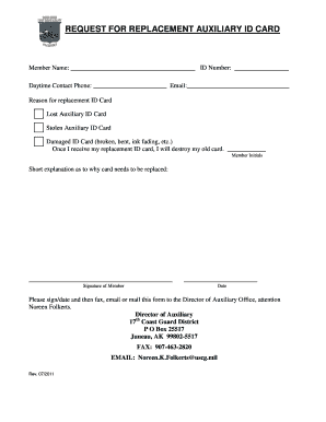 Fillable Online cgauxwhittier REQUEST FOR REPLACEMENT AUXILIARY ID CARD ...