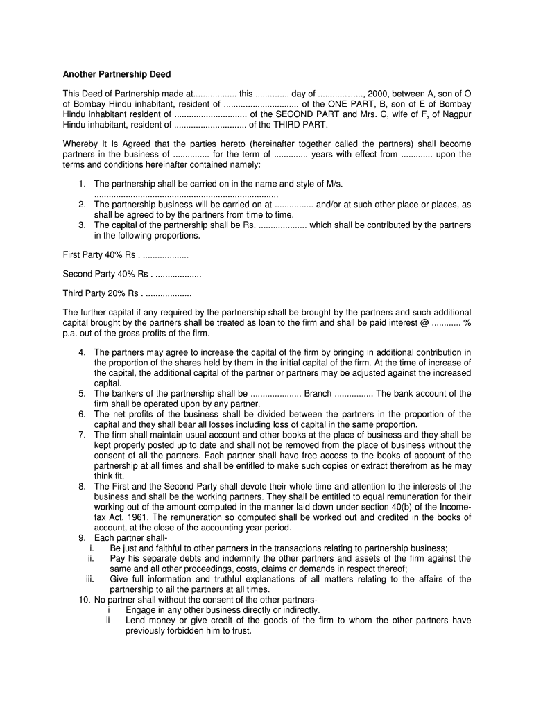 Fillable Online Another Partnership Deed Fax Email Print - pdfFiller