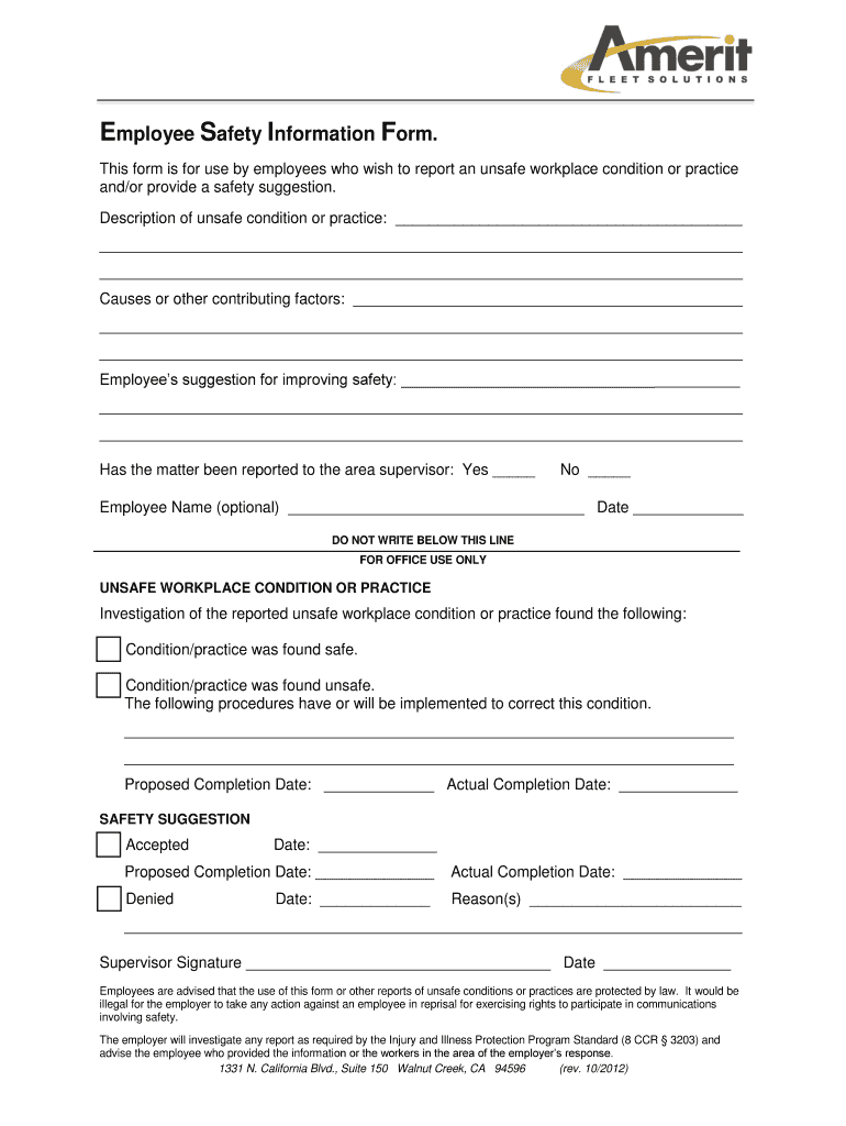Fillable Online Employee Safety Information Form - Amerit Fleet ...
