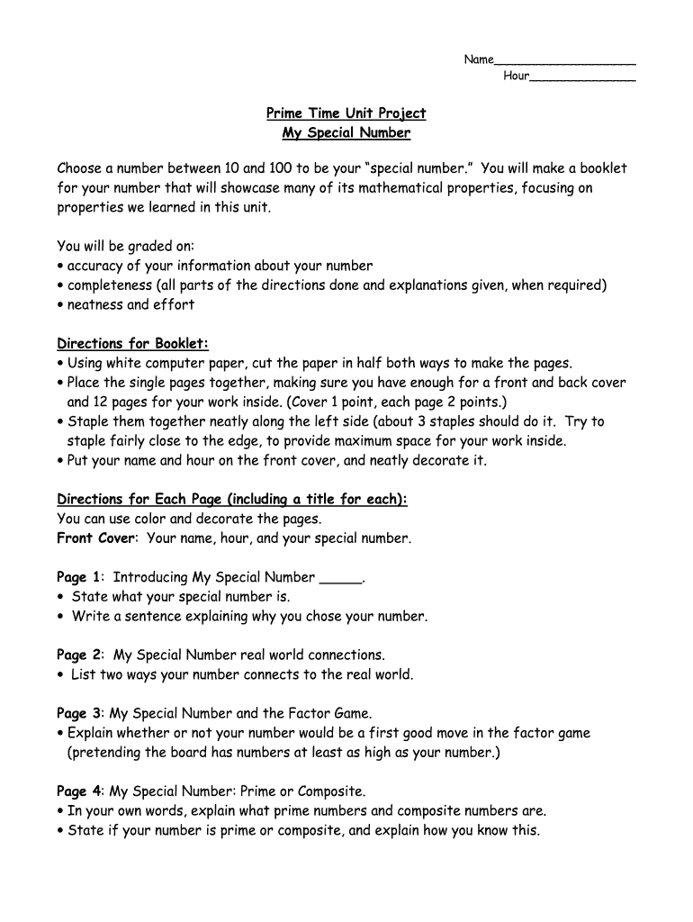 Fillable Online dolanms Prime Time Unit Project My Special Number ...