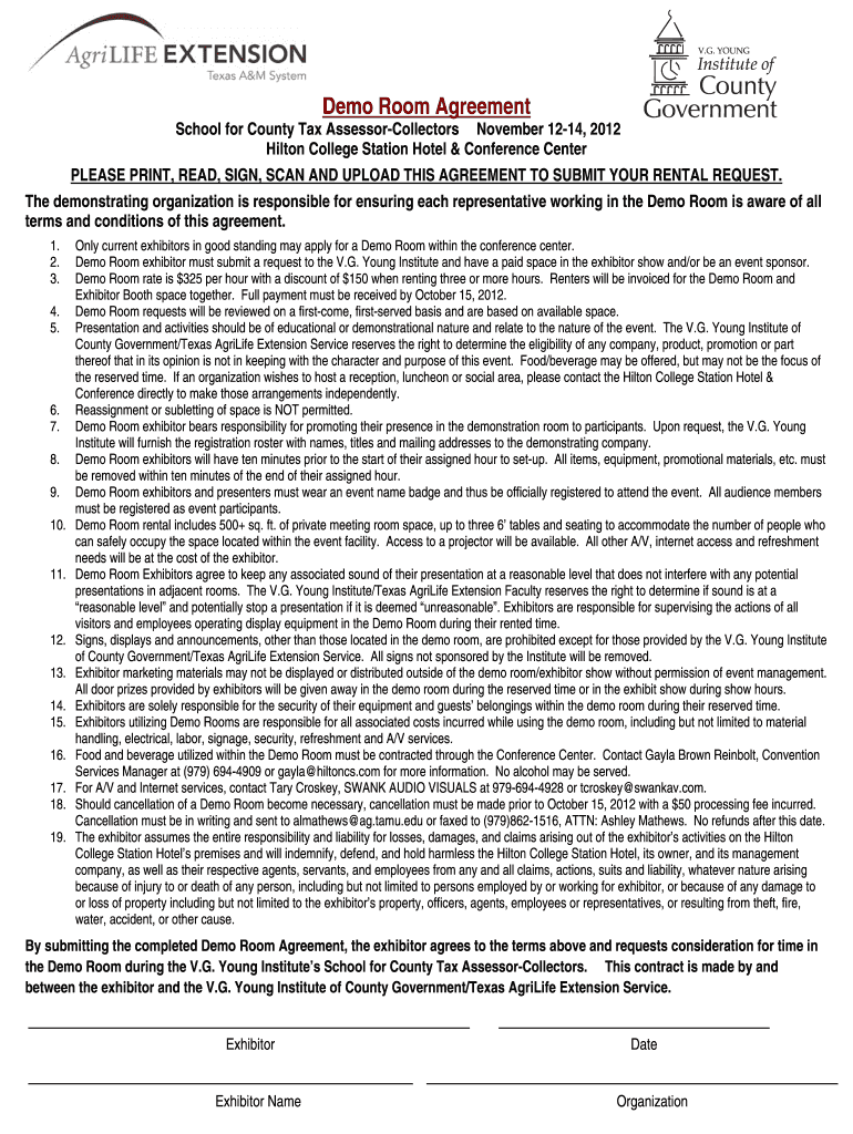 Fillable Online vgyi tamu Demo Room Agreement Fax Email Print - pdfFiller