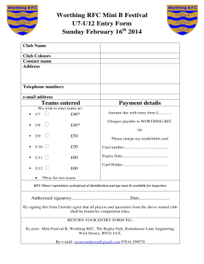 Fillable Online Worthing RFC Mini B Festival U7-U12 Entry Form Fax ...