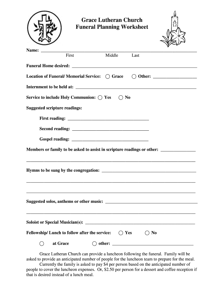 Fillable Online gracewoodstock Grace Lutheran Church Funeral Planning ...