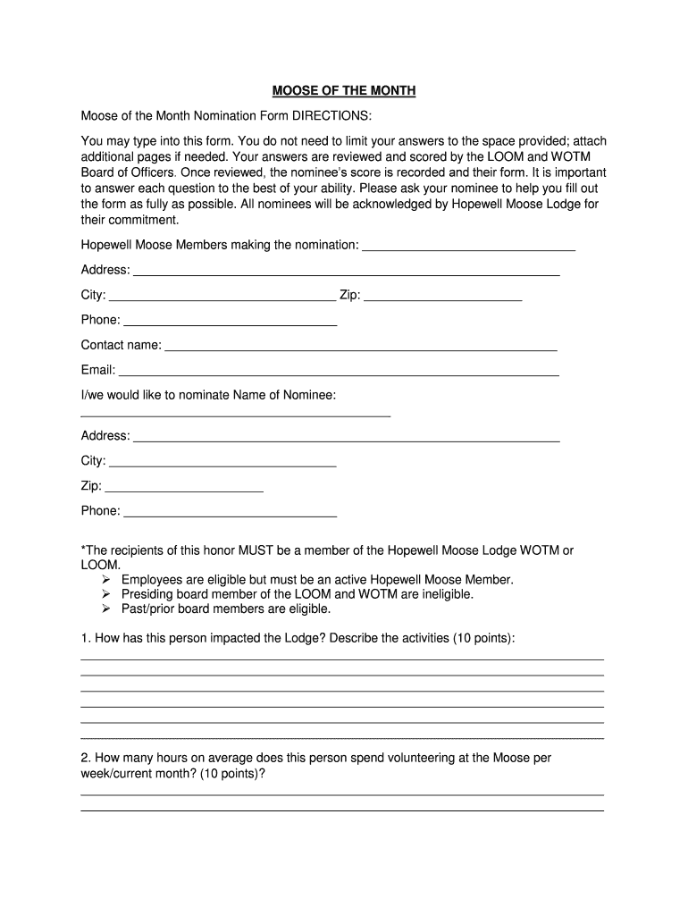 Fillable Online MOOSE OF THE MONTH Moose of the Month Nomination Form ...