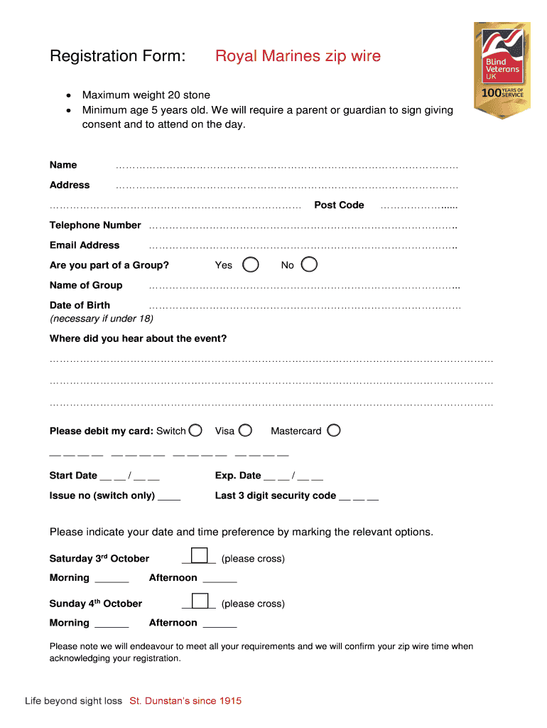 Fillable Online Registration Form Royal Marines zip wire - Blind ...