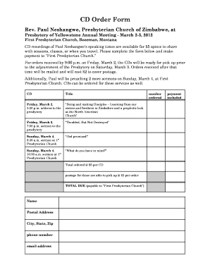 Fillable Online CD Order Form - Yellowstone Presbytery Fax Email Print ...