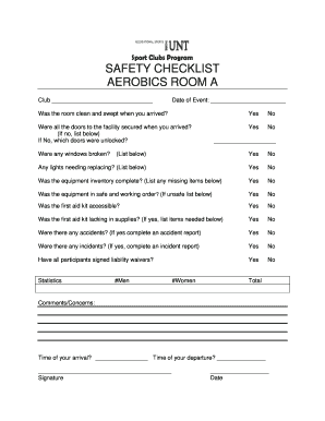Fillable Online Sport Clubs Program SAFETY CHECKLIST AEROBICS ROOM A ...