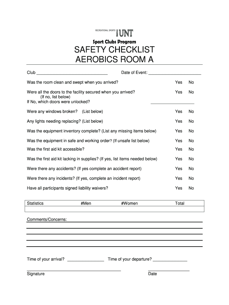 Fillable Online Sport Clubs Program SAFETY CHECKLIST AEROBICS ROOM A ...