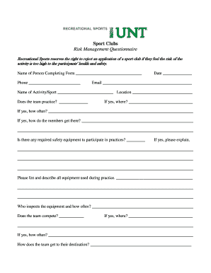 Fillable Online Risk Management Activity Questionnaire - Recreational ...