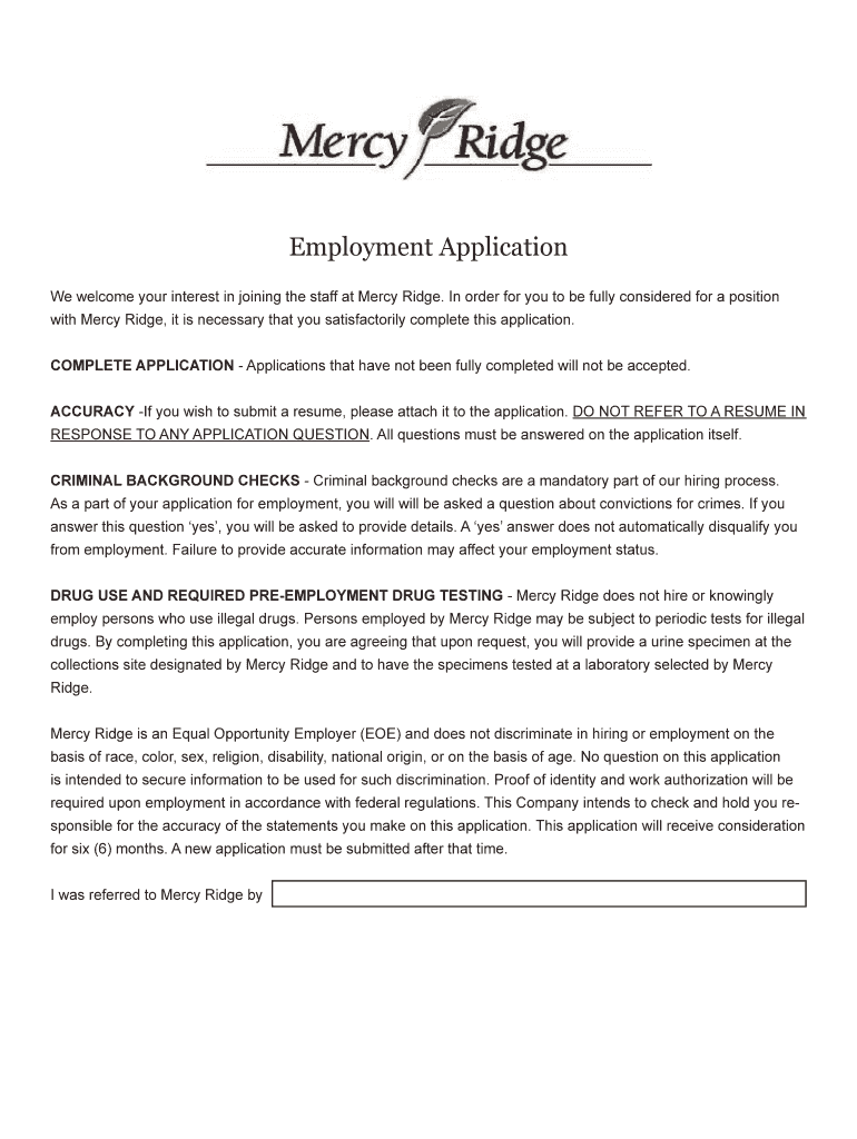 Fillable Online BEmployment Applicationb - Mercy Ridge Fax Email Print ...