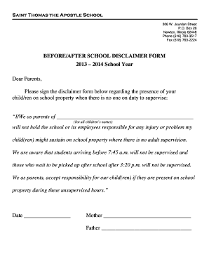 Fillable Online BEFOREAFTER SCHOOL DISCLAIMER FORM 2013 2014 School ...