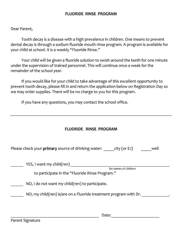 Fillable Online FLUORIDE RINSE PROGRAM - St Thomas School Newton IL Fax ...