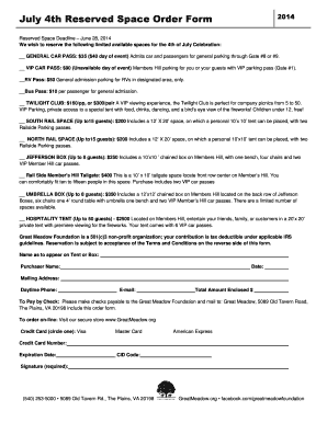 Fillable Online 2014 reserve space order form july 4th - Great Meadow ...