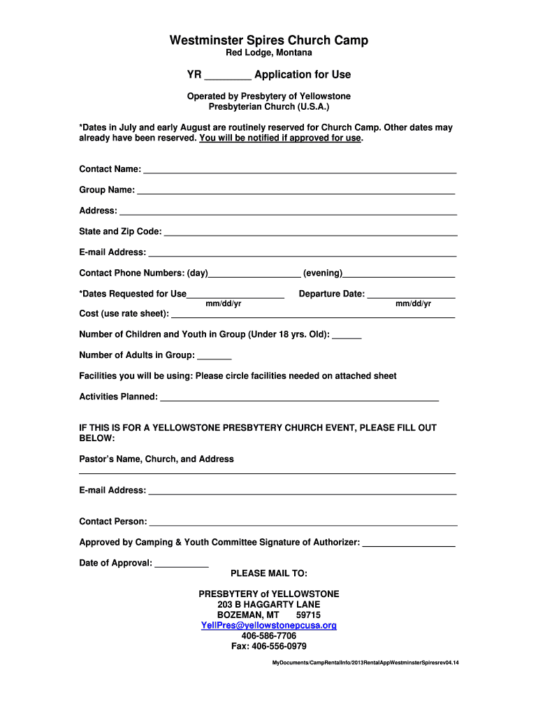 Fillable Online Westminster Spires Church Camp Fax Email Print - pdfFiller