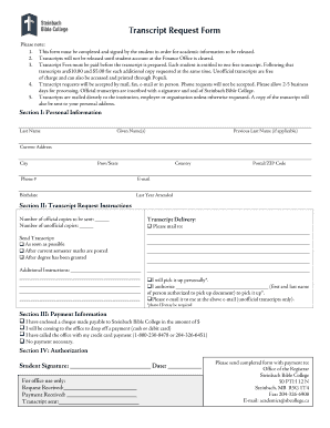 Fillable Online sbcollege Transcript Request Form - Steinbach Bible ...