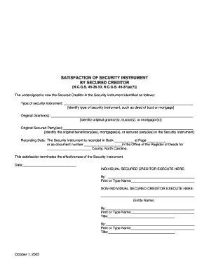 Fillable Online Satisfaction of Security Instrument by Secured Creditor ...