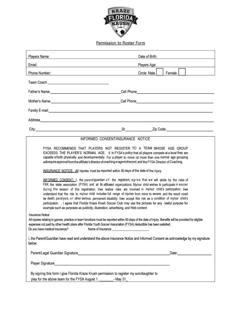Fillable Online PLAYERS FYSAs childs - Florida Kraze Krush Fax Email Print - pdfFiller