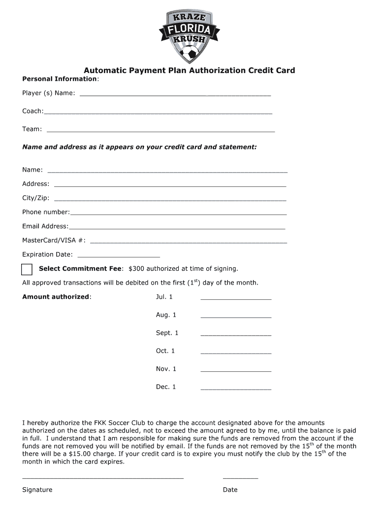Fillable Online Automatic Payment Plan Authorization Credit Card Fax Email Print - pdfFiller