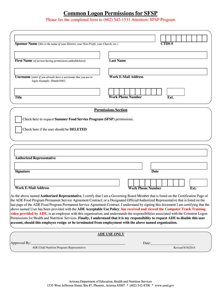 Fillable Online Common Logon Permissions for SFSP Please fax the ...