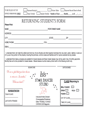 Fillable Online RETURNING STUDENT'S FORM Welcome back!! Fax Email Print - pdfFiller