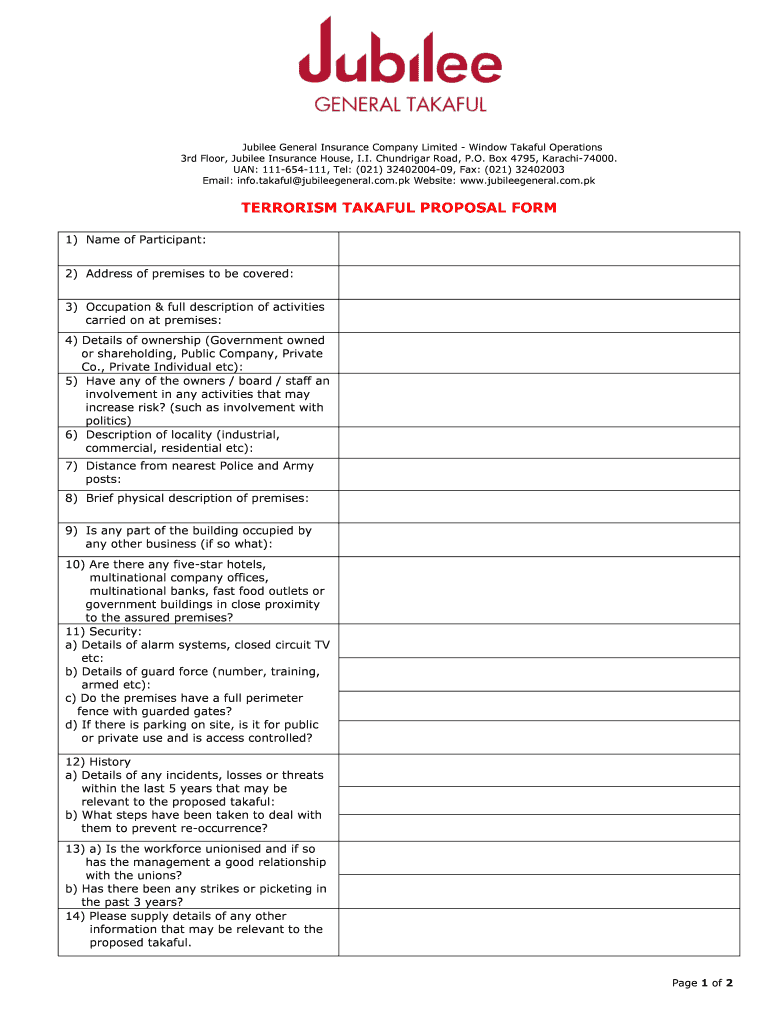 Fillable Online TERRORISM TAKAFUL PROPOSAL FORM - Jubilee General ...
