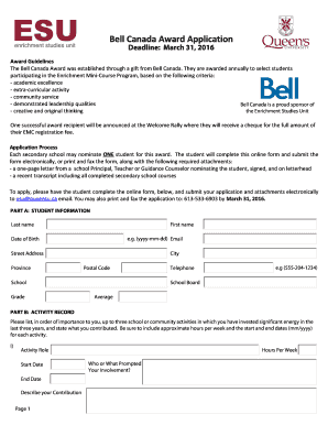 Fillable Online esu queensu Bell Canada Award Application Deadline ...