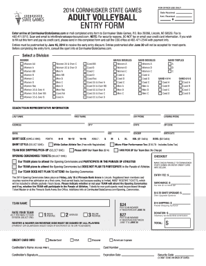Fillable Online 2014 CORNHUSKER STATE GAMES ADULT VOLLEYBALL ENTRY FORM ...