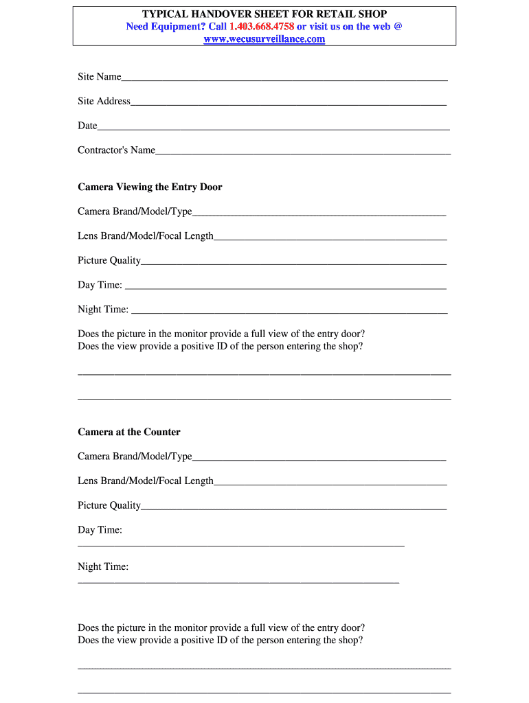 Fillable Online TYPICAL HANDOVER SHEET FOR RETAIL SHOP Need Equipment ...