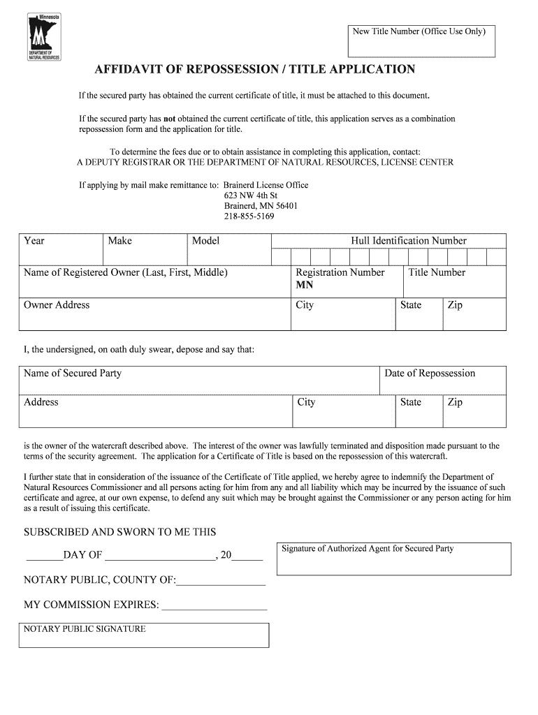 Fillable Online Affidavit of Repossession Title Application Fax Email ...