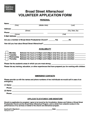 Fillable Online bspc Broad Street Afterschool VOLUNTEER APPLICATION ...