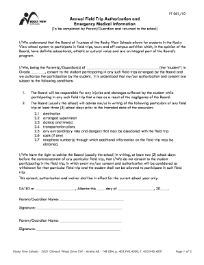 Fillable Online Annual Field Trip Authorization and Emergency Medical ...