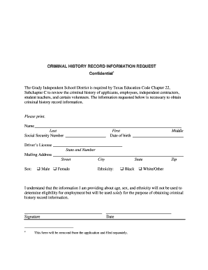 Fillable Online gradyisd CRIMINAL HISTORY RECORD INFORMATION REQUEST ...