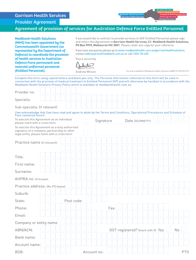 Fillable Online Provider bAgreementb - Medibank bHealthb Solutions Fax ...